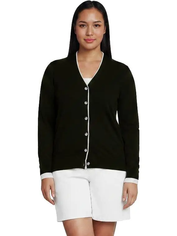 LANDS' END Double Trim Cotton V-neck Cardigan Sweater - Black/white