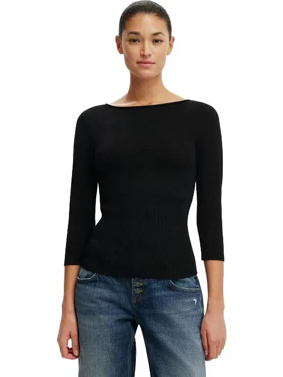 COTTON ON Close Knit Boat Neck Long Sleeve Top - Black
