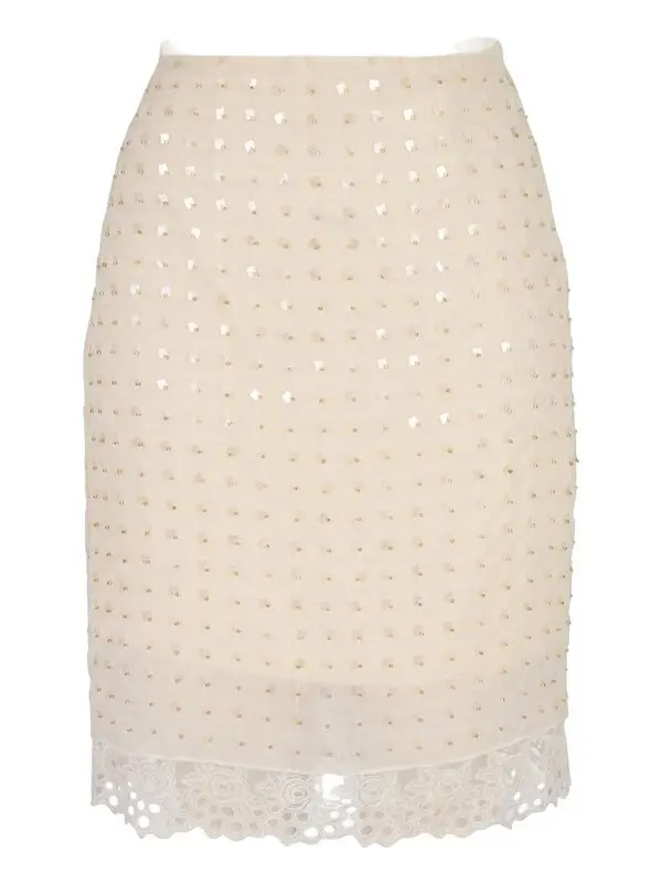 MODENAIRE Embellished Sequin Lace Hem Mini Skirt - Beige
