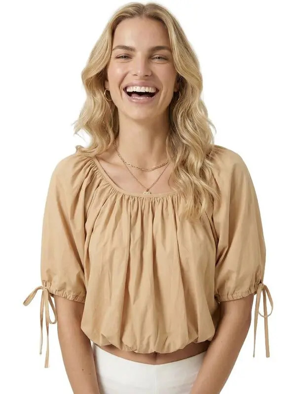MODENAIRE Puff Sleeve Top With Gathered Neckline - Khaki