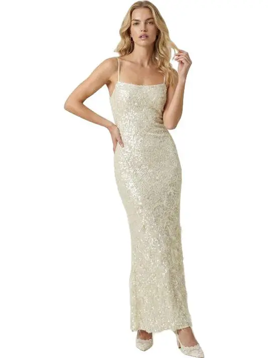 MODENAIRE Sequin Mermaid Maxi Dress With Feather Trim - Ivory