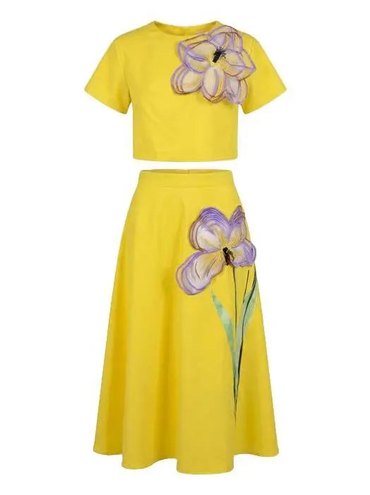 MODENAIRE Floral Embroidered Two-piece Set - Yellow