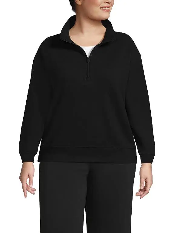 LANDS' END Serious Sweats Relaxed Quarter Zip Pullover - Black