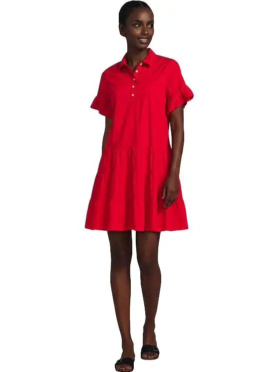 LANDS' END Poplin Flutter Sleeve Knee Length Tiered Dress - Compass Red
