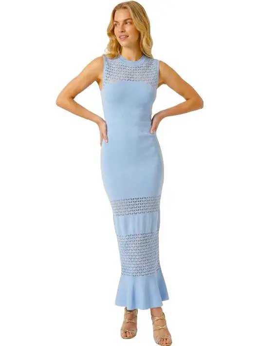 MODENAIRE Sleeveless Knit Dress With Mesh Detail And Flared Hem - Blue