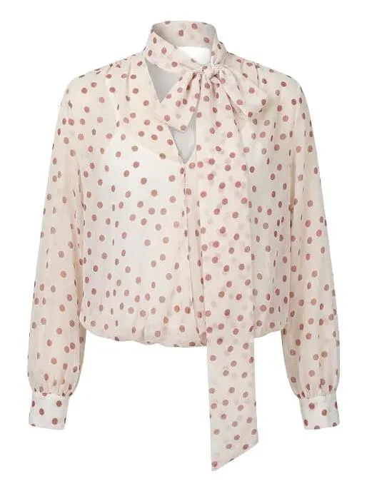 MODENAIRE Polka Dot Tie Neck Long Sleeve Sheer Blouse - Red