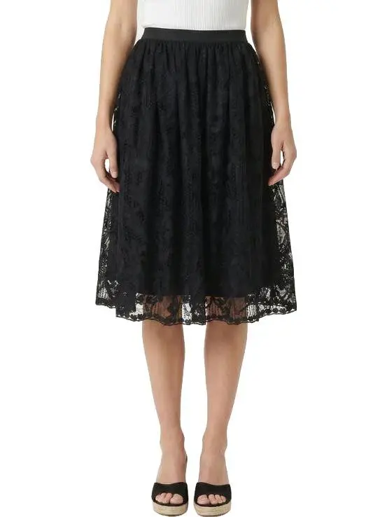 MODENAIRE High-waist Lace Overlay Mini Skirt With Sheer Hem - Black