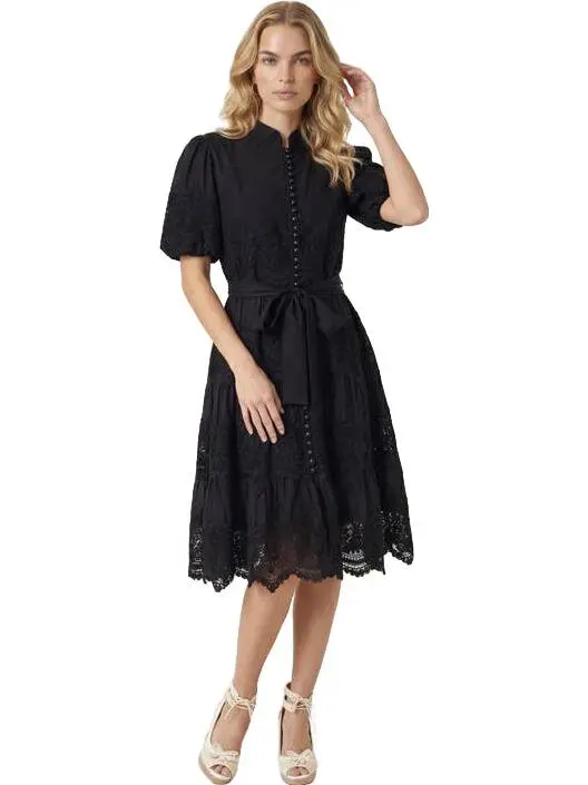 MODENAIRE Lace Trim Puff Sleeve Midi Dress With Waist Tie - Black