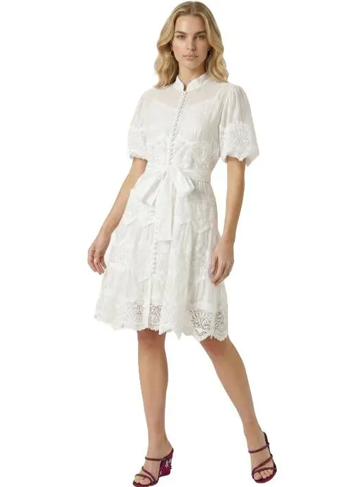 MODENAIRE Lace Trim Puff Sleeve Midi Dress With Waist Tie - White