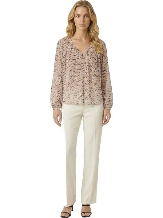 MODENAIRE V-neck Patterned Long Sleeve Blouse - Khaki