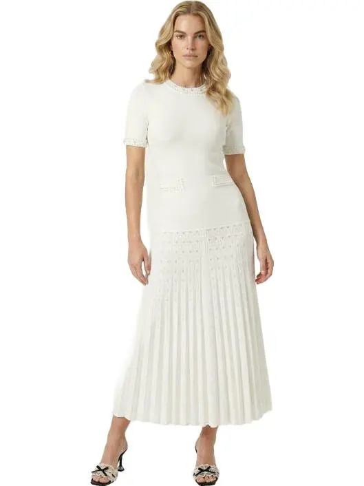 MODENAIRE Pearl Embellished Fitted Waist Pleated Midi Knit Dress - White