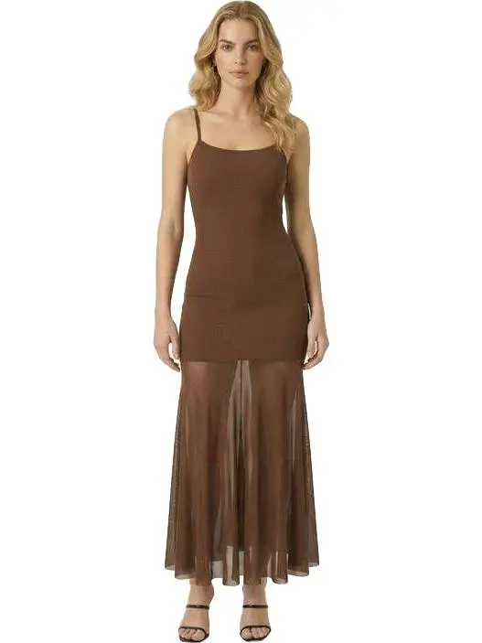 MODENAIRE Sheer Mesh Maxi Dress With Spaghetti Straps - Coffee