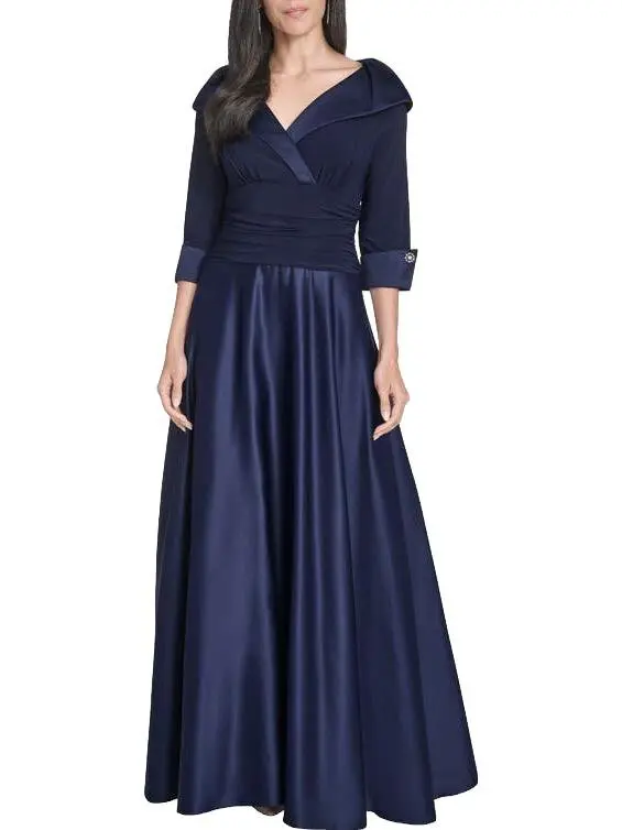 JESSICA HOWARD Portrait Collar Mixed Media Ballgown - Navy