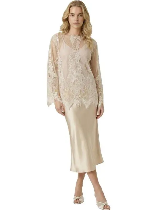 MODENAIRE Lace Floral Long Sleeve Top - Tan