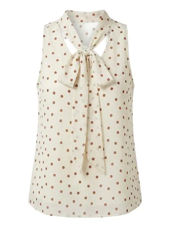MODENAIRE Sleeveless Tie Neck Polka Dot Blouse - Beige