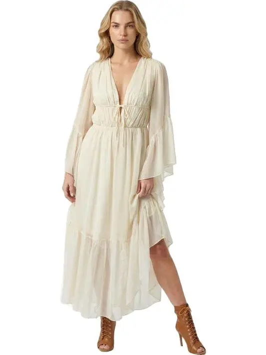 MODENAIRE Plunging Neck Tie Waist Ruffle Sleeve Maxi Dress - Beige
