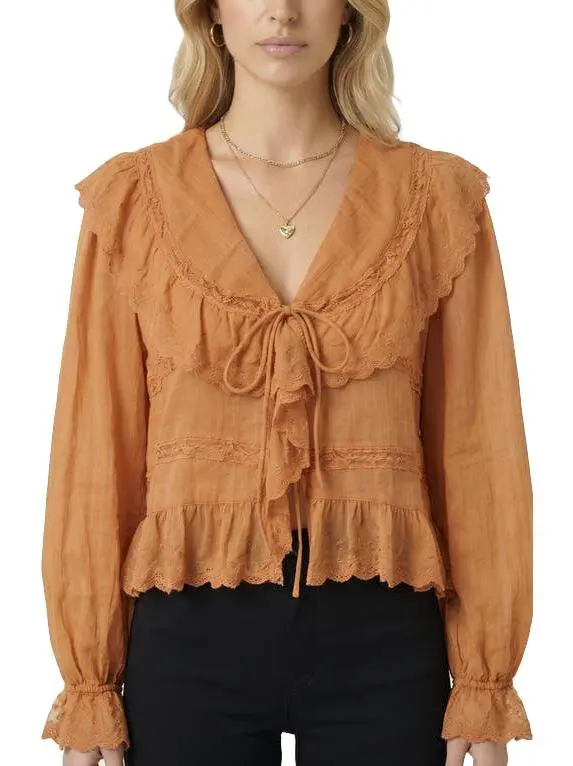 MODENAIRE Ruffled Lace Trim Lightweight Tie Front Blouse - Orange