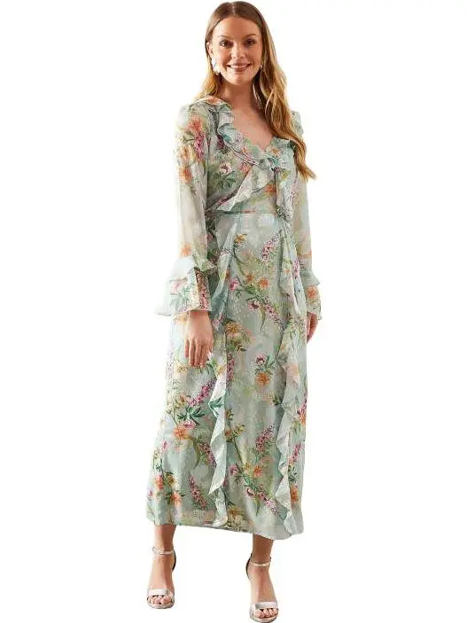 WALLIS Floral Ruffle Belted Midaxi Dress - Sage