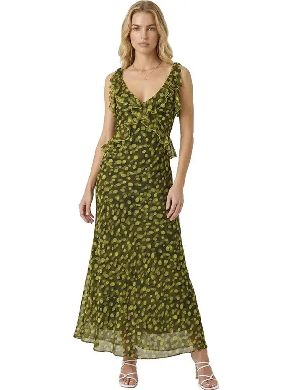 MODENAIRE Polka Dot Ruffle Midi Dress With Tie Shoulder Straps - Green