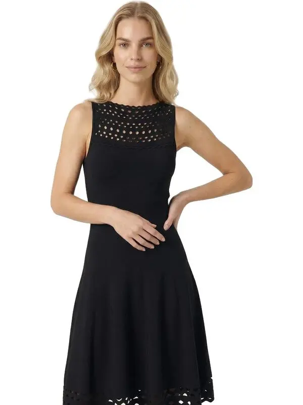 MODENAIRE Sleeveless High Neck Eyelet Midi Dress - Black