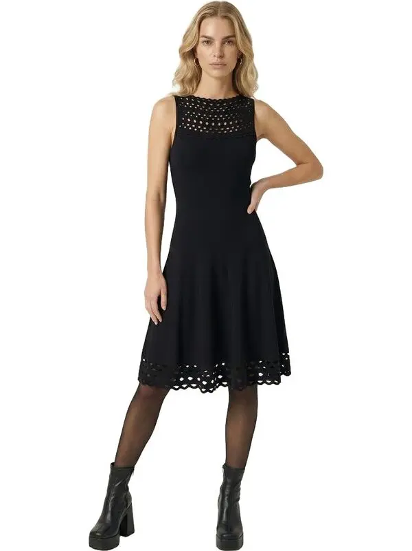 MODENAIRE Sleeveless High Neck Eyelet Midi Dress - Black