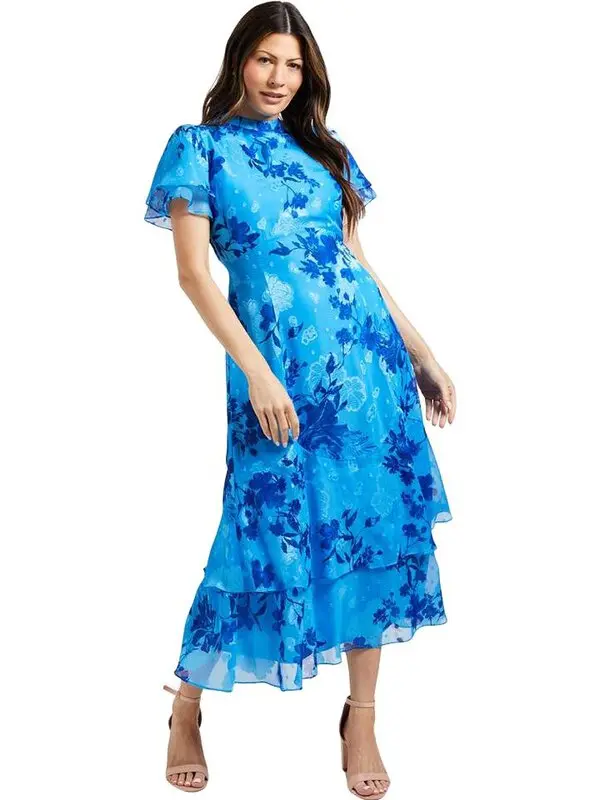 WALLIS Floral Burnout Ruffle Midi Dress - Blue