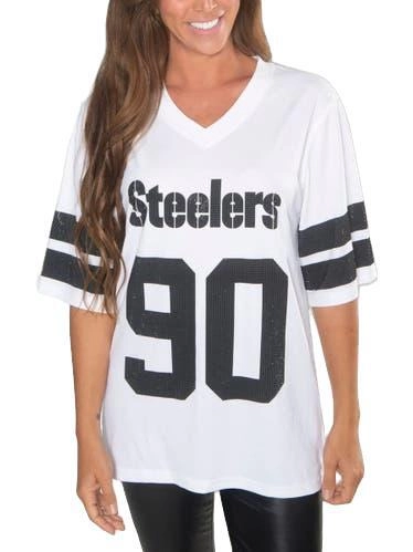 CUCE Pittsburgh Steelers T.j. Watt Crystal V-neck Tunic - White