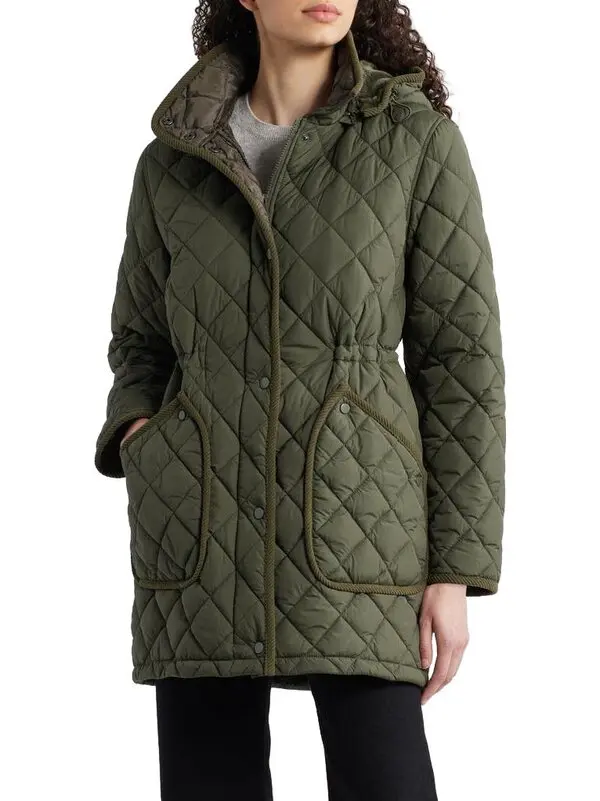 Bernardo Diamond Quilted Hooded Puffer Coat - Olive