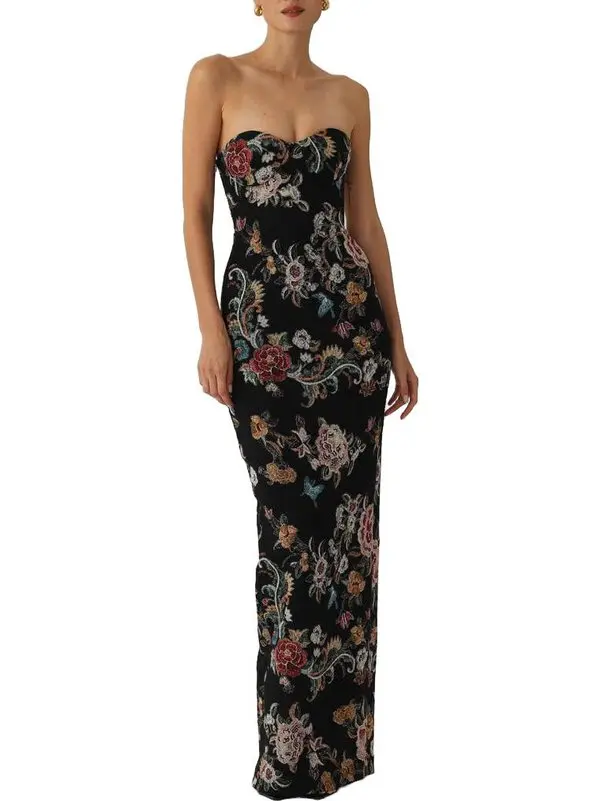 SAU LEE Strapless Floral Jacquard Cotton Blend Column Gown - Black Multi