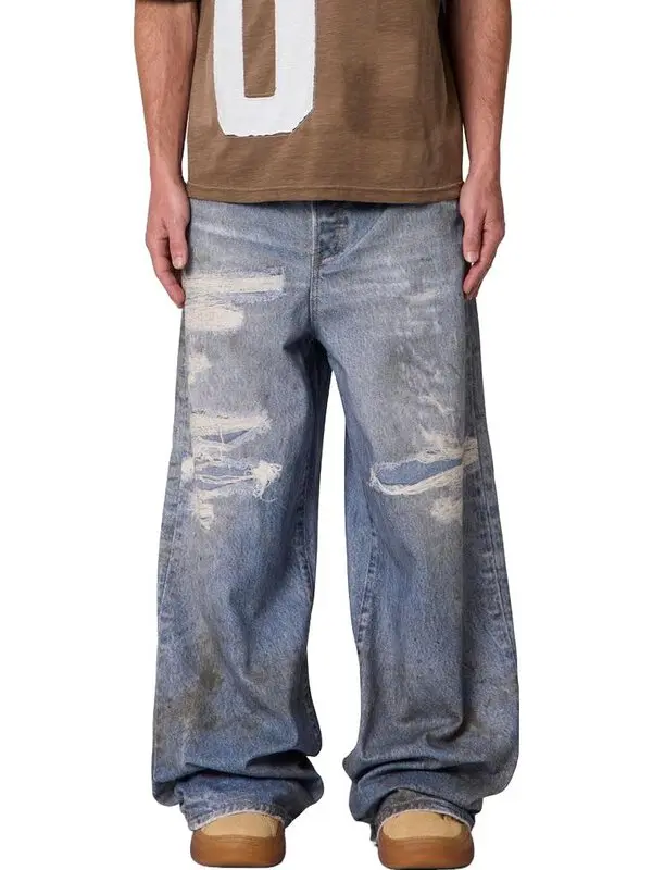 Mnml Oil Stain Printed Relaxed Wide Leg Jeans - Blue