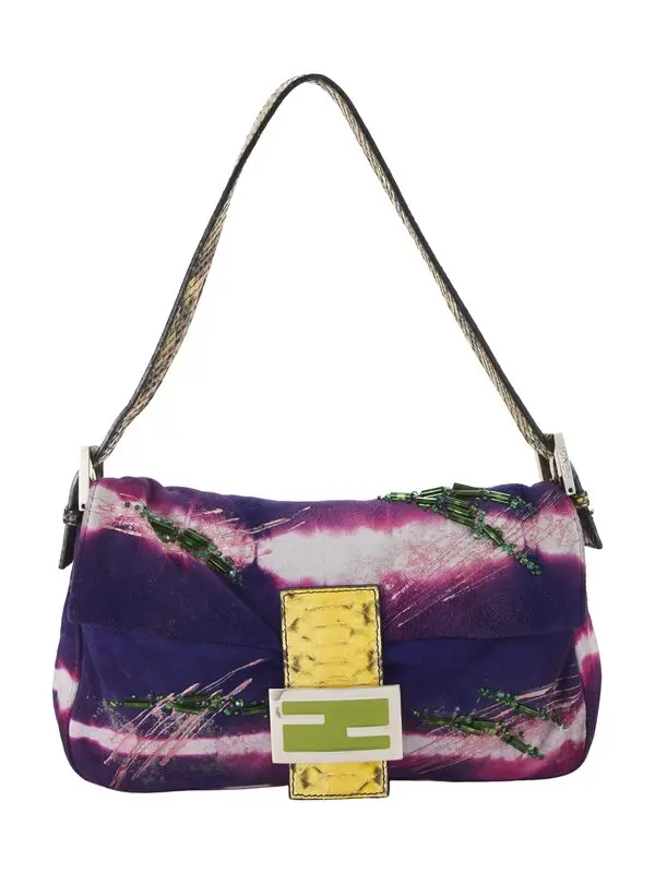 Fendi Embellished Suede Baguette With Python Accents - Purple