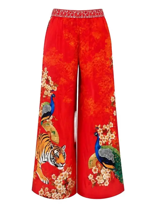 ANNIA LOUISA Kyoto Wide Leg Printed Viscose Trousers - Red