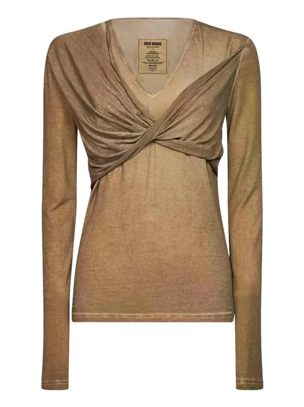 UMA WANG Asymmetrical Twisted V-neck Long Sleeve Blouse - Neutrals