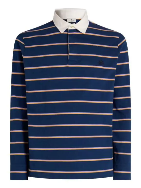 Etro Long-sleeved Cotton Polo Shirt With Shirt Collar And Striped Motif - Blue
