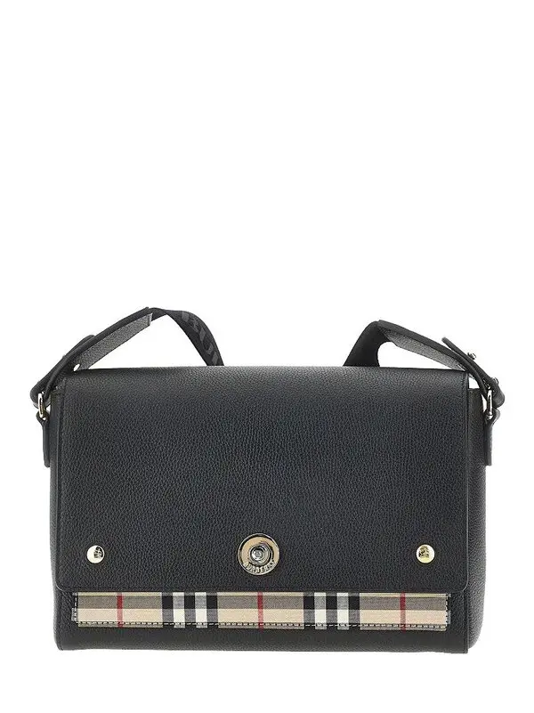 Burberry Note Leather Shoulder Bag With Check Motif - Black