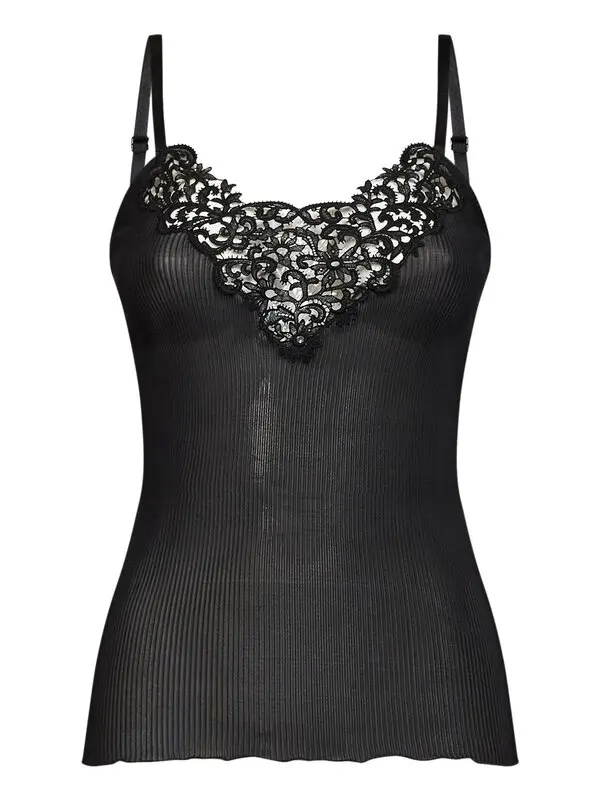 Saint Laurent Ribbed Silk Knit Guipure Lace Trim Tank Top - Multicolor