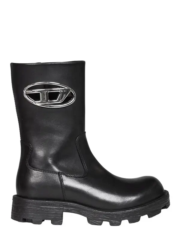 DIESEL® Black Leather Biker Boots With Cut-out Logo Detailing - Multicolor