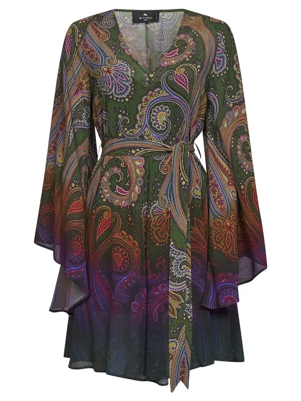 Etro Green Paisley-printed Crêpe De Chine Belted Mini Dress - Multicolor