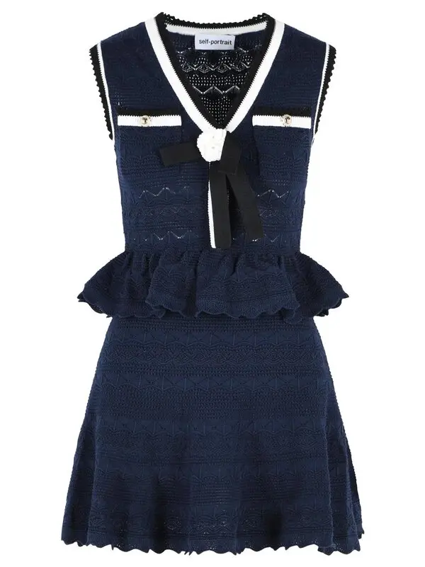 SELF-PORTRAIT Navy Cotton Blend Openwork Knit Mini Dress - Blue