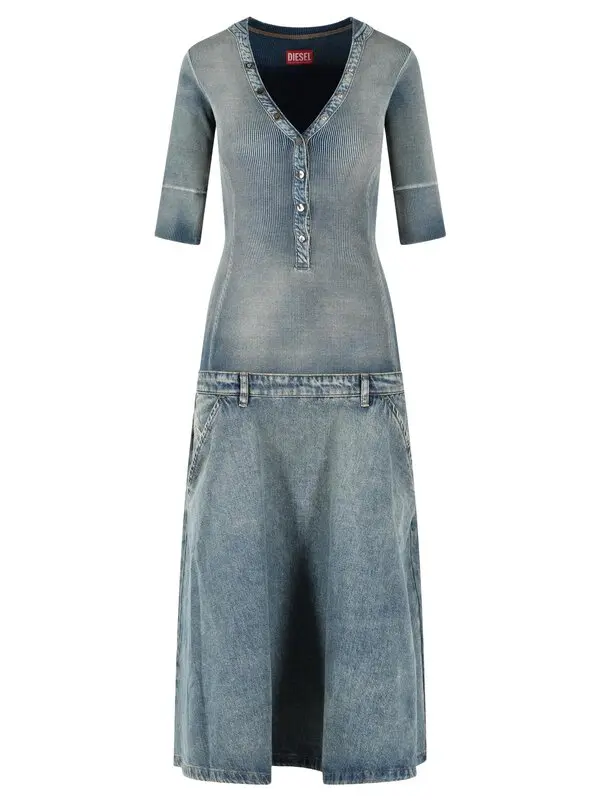 DIESEL® Low Waist 'de-anim-s' Midi Dress In Knit And Denim - Blue
