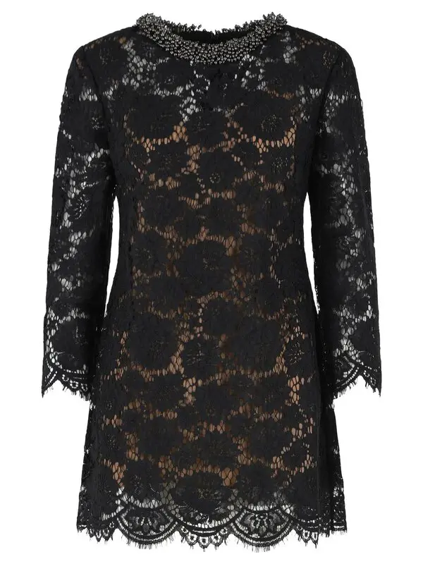 SELF-PORTRAIT Lace Mini Dress With Embellished Crewneck - Black