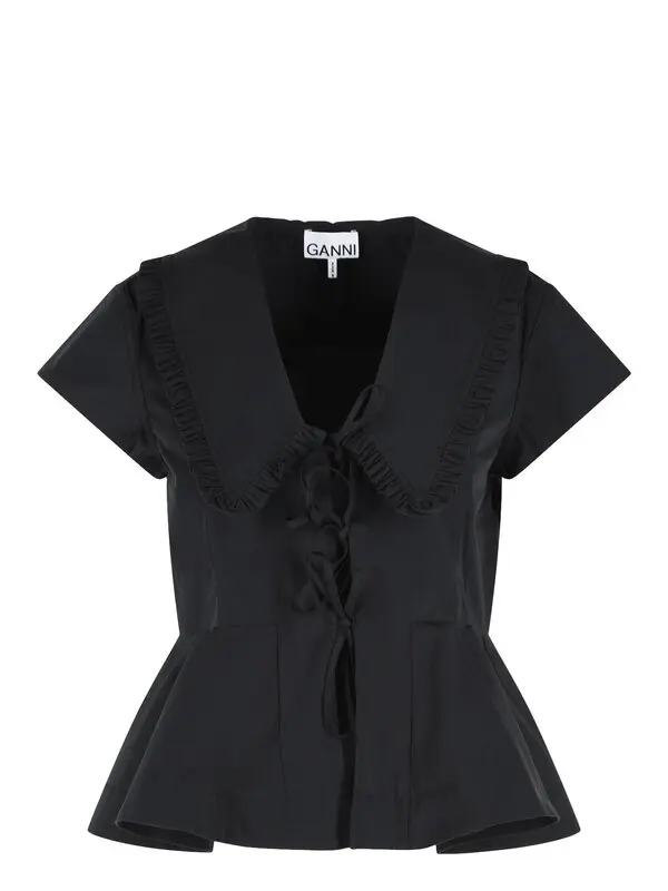 GANNI Cotton Poplin Blouse With Ornate Collar - Black