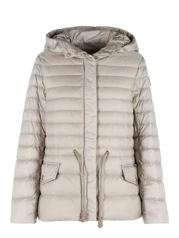 Moncler Down Jacket With Drawstring Hood And Leather Patch - Cream