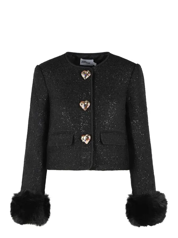 SELF-PORTRAIT Wool Blend Jacket With Heart Button Appliqué And Faux Fur Cuffs - Black