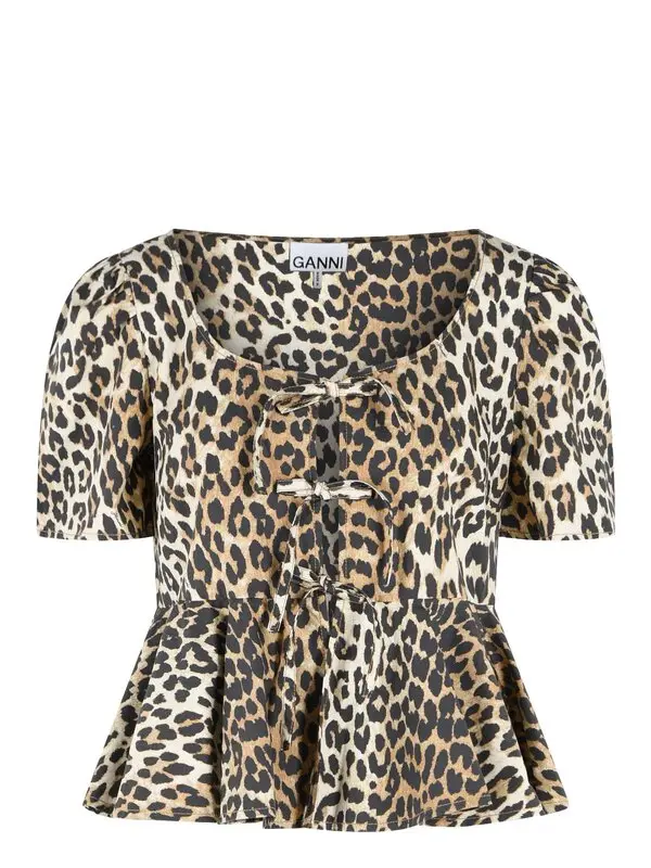 GANNI Leopard Print Cotton Blouse - Brown
