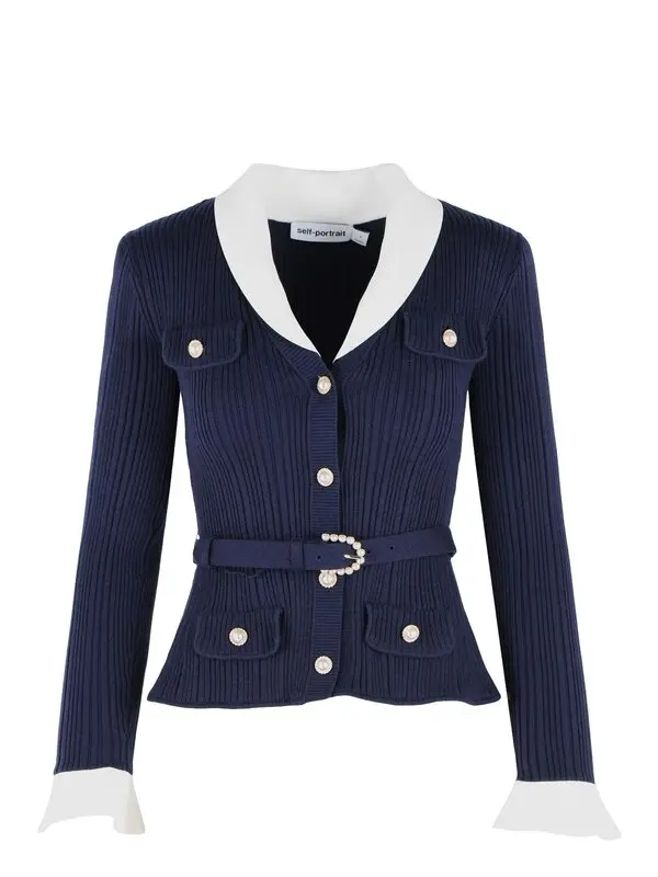 SELF-PORTRAIT Ribbed Cardigan With Belt - Blue