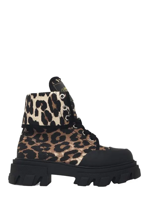 GANNI Leopard Print Combat Boots - Brown