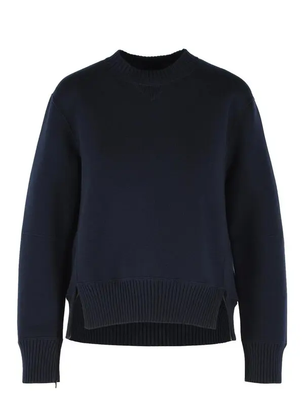 Sacai White Cotton Blend Fine Knit Crew Neck Sweater With Ribbed Details And Side Slits - Blue