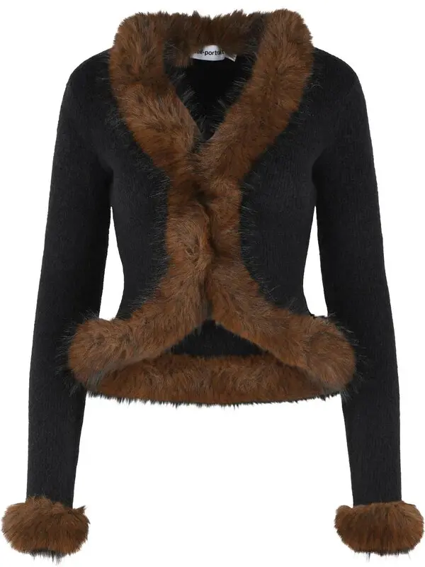 SELF-PORTRAIT Alpaca Blend Cardigan With Faux Fur Trim - Black