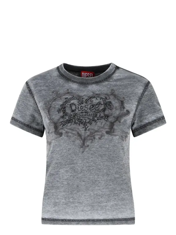 DIESEL® Grey Cotton Blend T-shirt With Rhinestone Embellishment - Gray